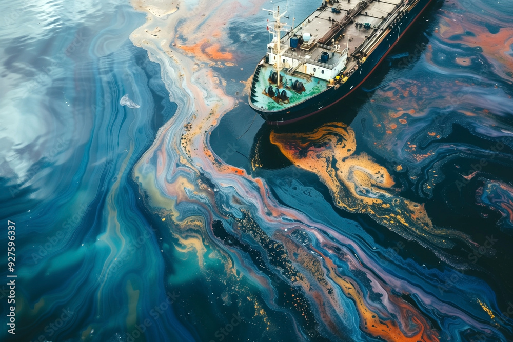 oil leak from ship, spill pollution polluted on sea water surface Stock ...