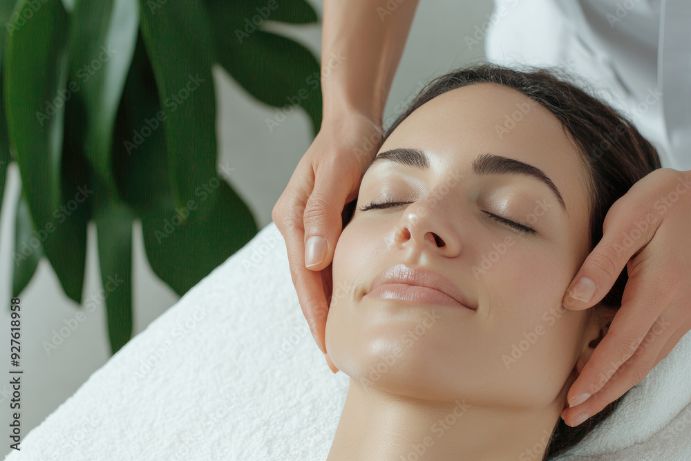 Relaxing facial treatment, a serene woman enjoying a soothing massage ...
