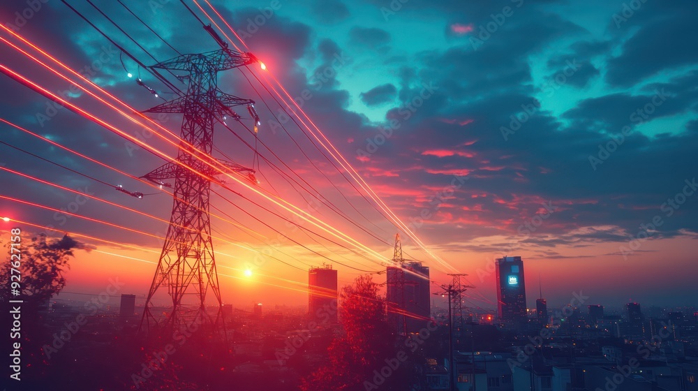 bottom view electricity overhead power lines on sunset sky, with ...