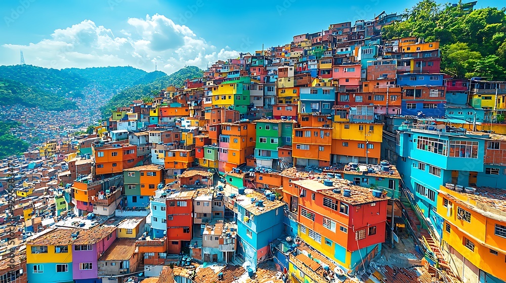 An aerial view of the colorful favelas in Rio de Janeiro, with tightly ...