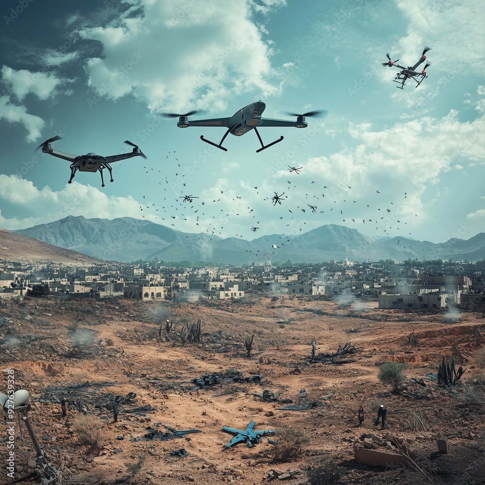 Drones conducting surveillance over a conflict-ridden, barren landscape ...