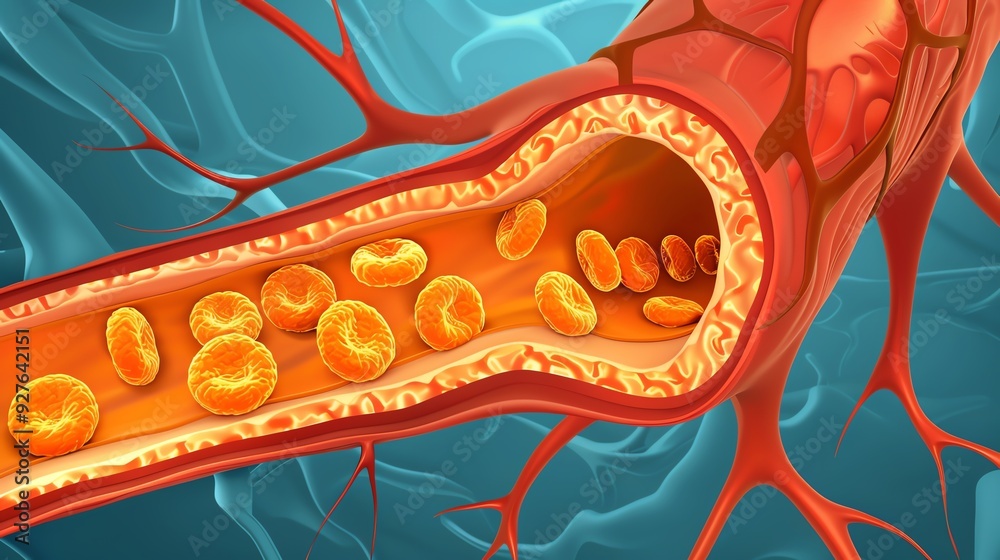 Colorful medical illustration of blood flow through an artery ...