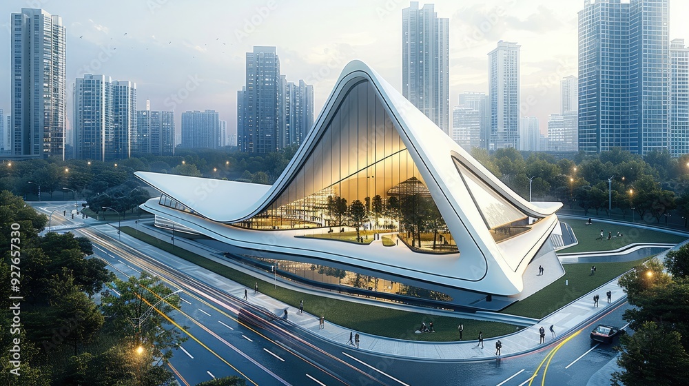 A modern triangular shaped museum building on the edge of an urban park ...