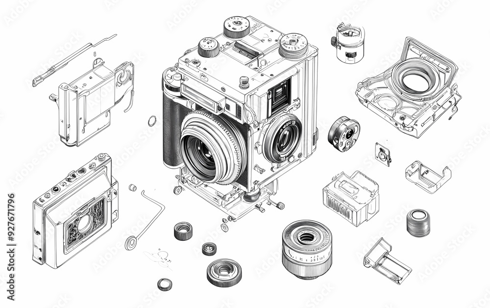 High-Resolution Black and White Line Drawing of Exploded Camera View ...