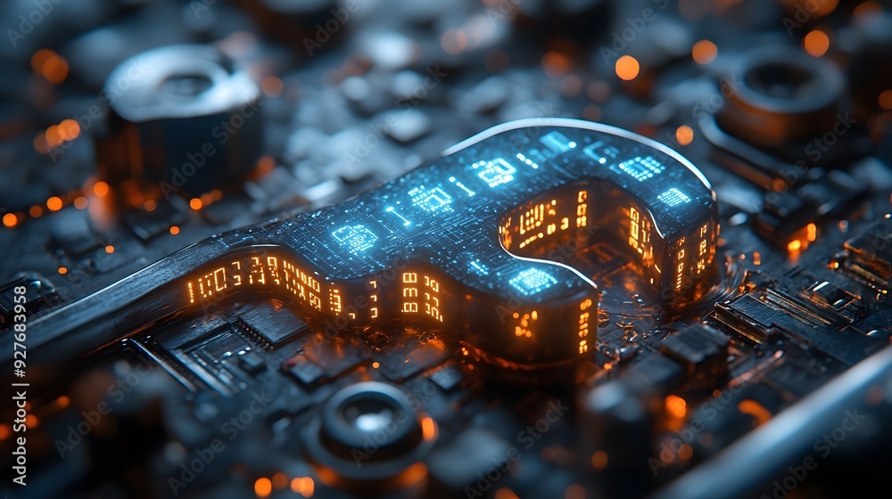 blue digital hand gripping a wrench spanner with illuminated binary ...