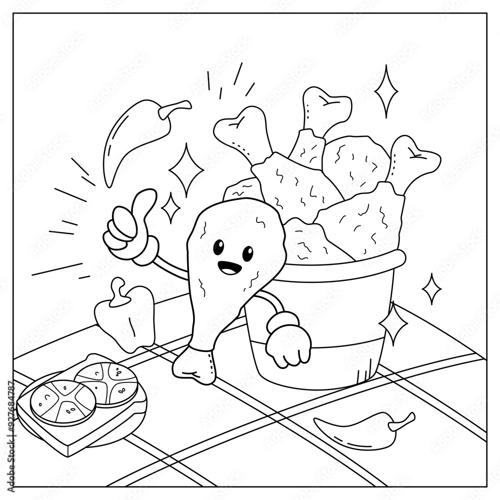 coloring page of a child, fried chicken character pose with thumbs up ...