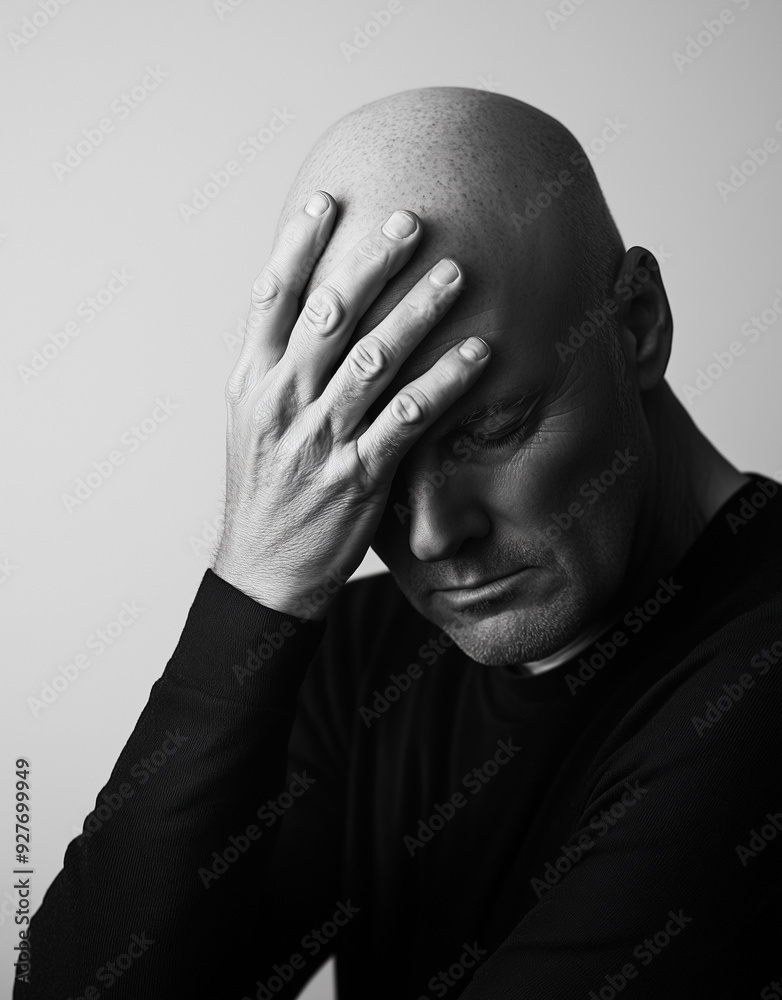 Black and white portrait of a businessman covering his face with his ...
