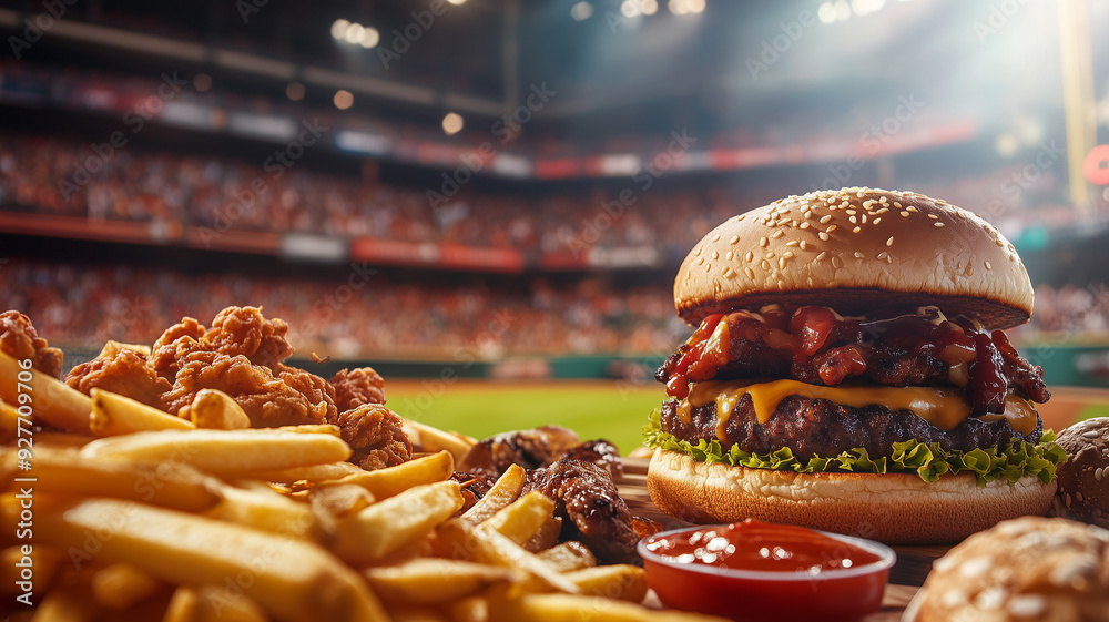 A vibrant baseball stadium filled with cheering fans and delicious ...