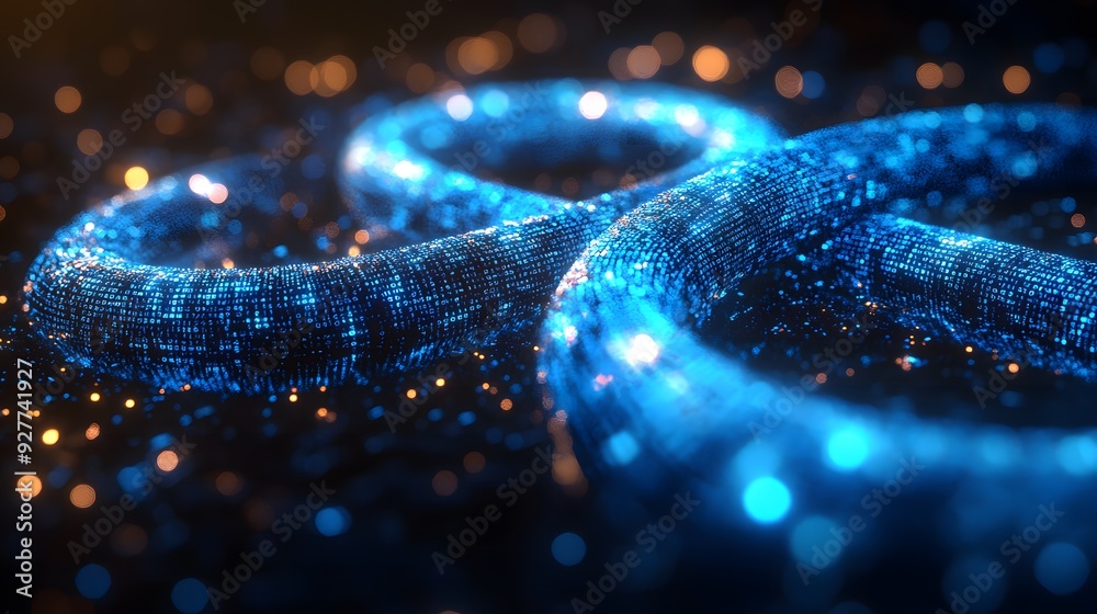 Blue infinity symbol composed of sparkling binary code particles on a ...
