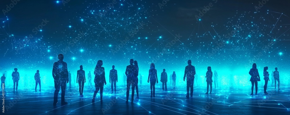 Illustration of a wireframe community gathering in a digital space with ...