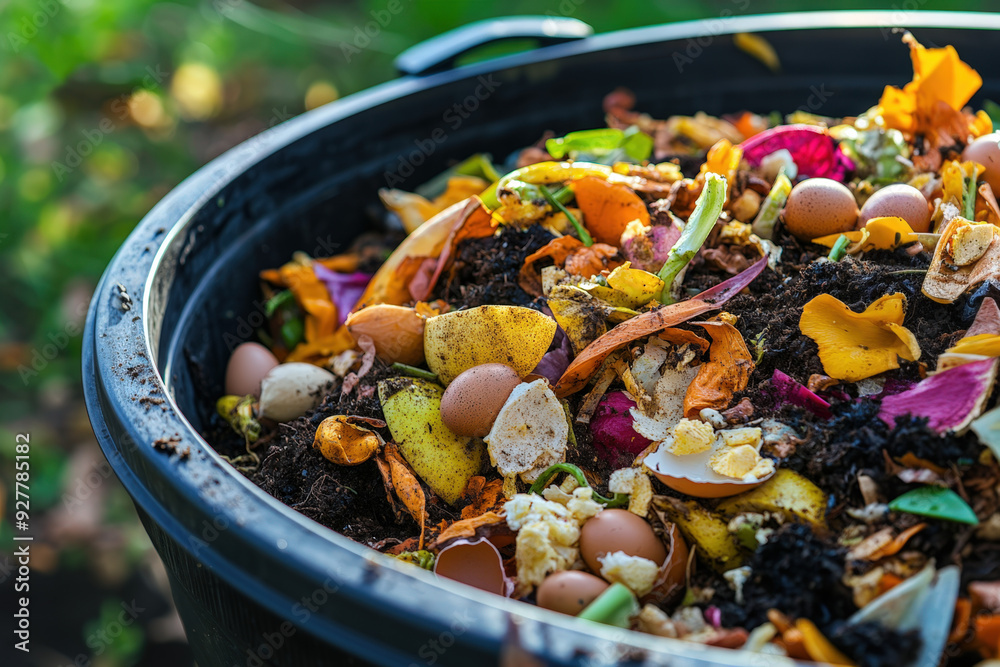 Mixture of fruit and vegetable scraps, coffee grounds, and eggshells ...