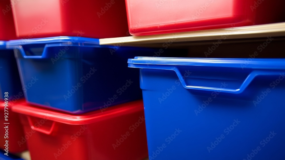 Small items are displayed up close in red and blue plastic containers ...