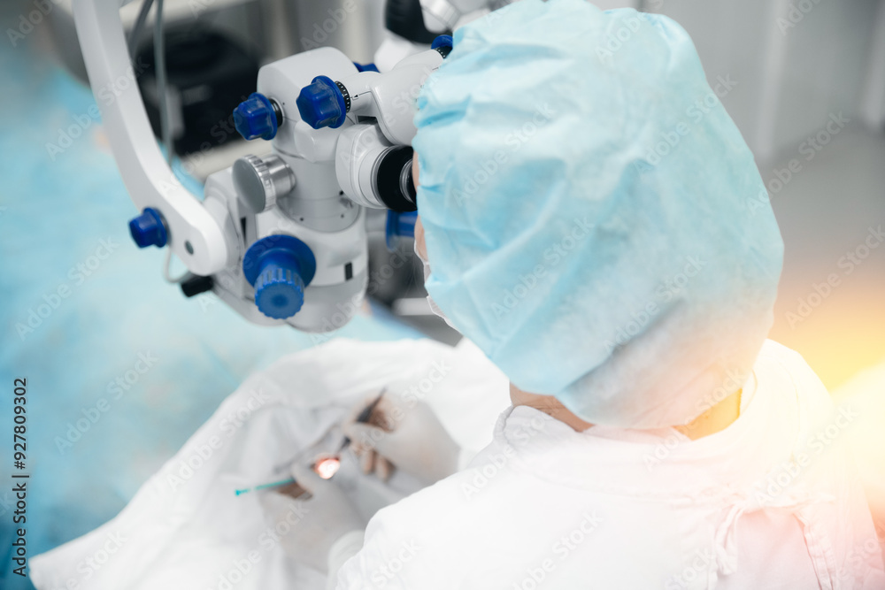 Lasik treatment operation, laser vision correction. Doctor examines ...