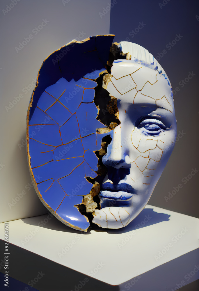 shows a ceramic mask repaired using the kintsugi technique. Half of the ...