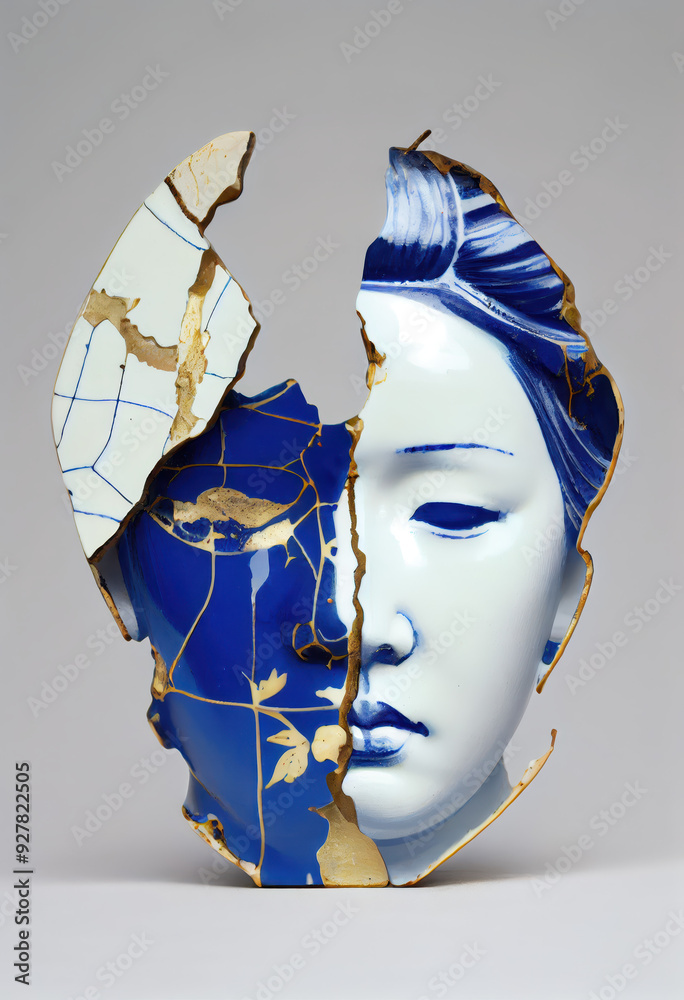 shows a ceramic mask repaired using the kintsugi technique. Half of the ...