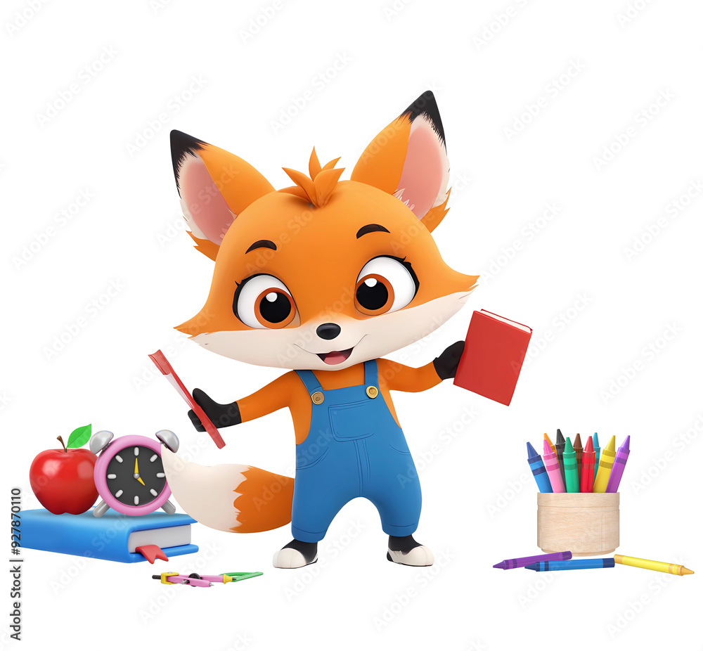3d fox cartoon character holding books with alarm clock and crayon ...