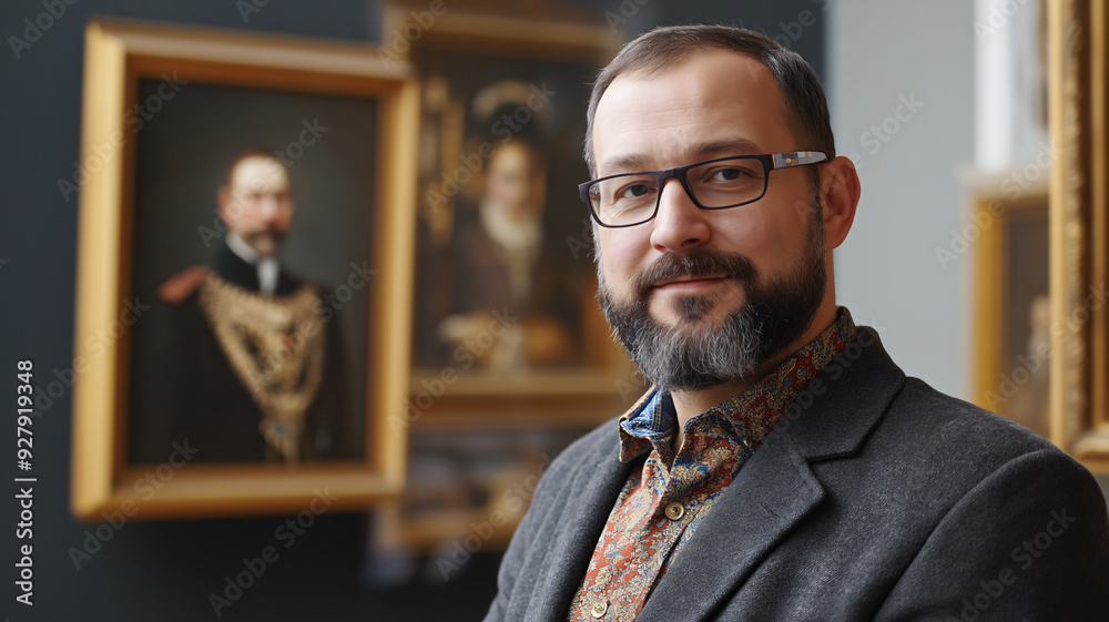 A modern-day photo of a historian or a curator in a museum setting ...