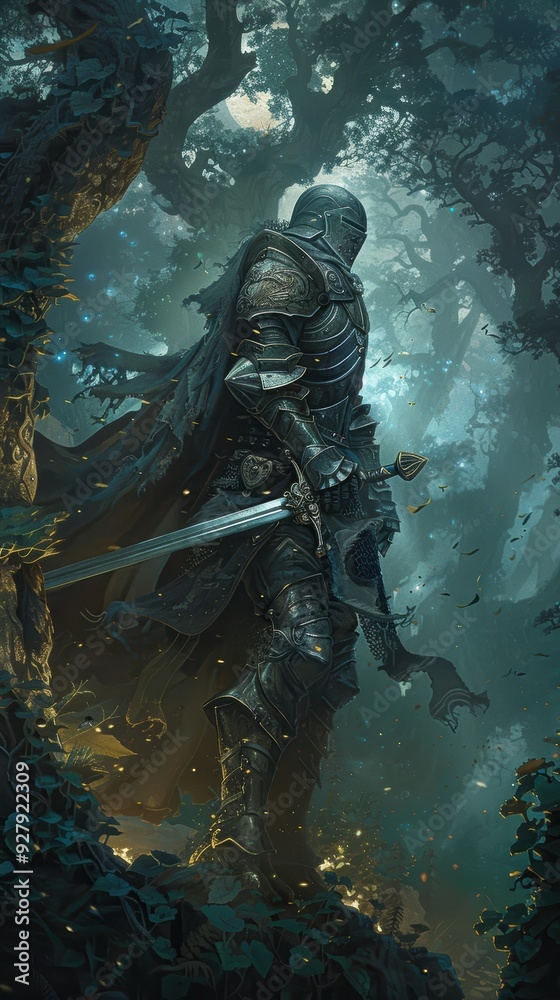 The Knight's Vigil: A lone knight in full armor stands guard in a ...