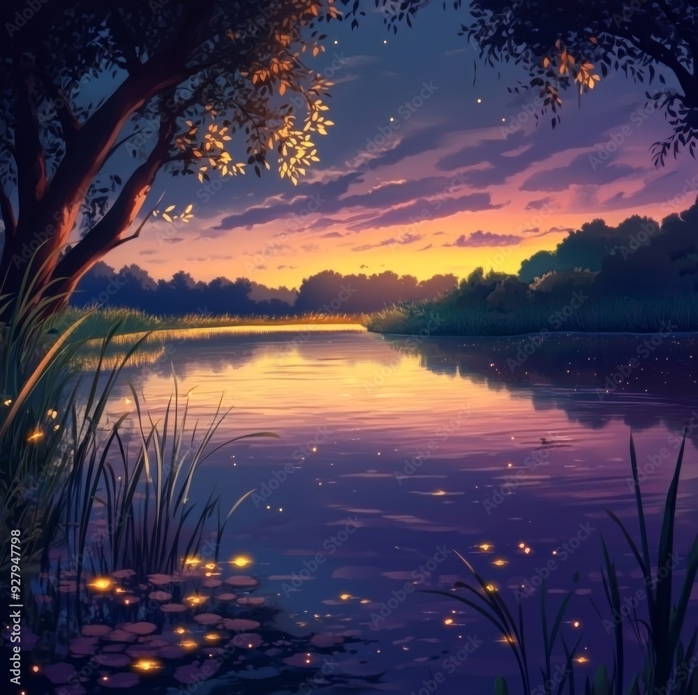 Ilustración de Stock anime-style Enchanted Tranquil Night River: A ...