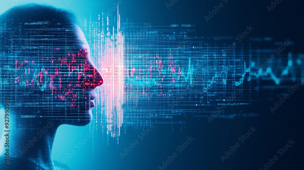 Abstract digital representation of voice analysis with human silhouette ...