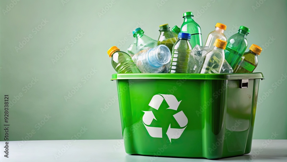 Green recycling bin filled with plastic bottles and waste, recycling ...