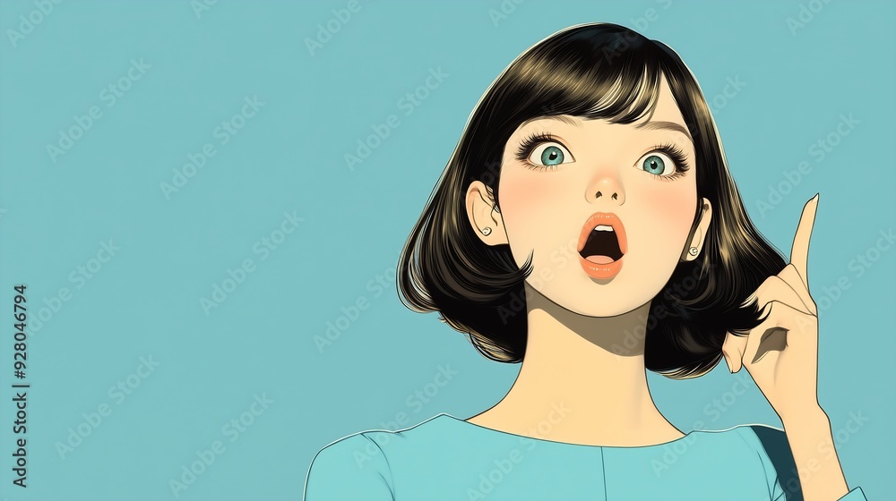 girl surprised look pointing something favorite short hair mouth cute ...