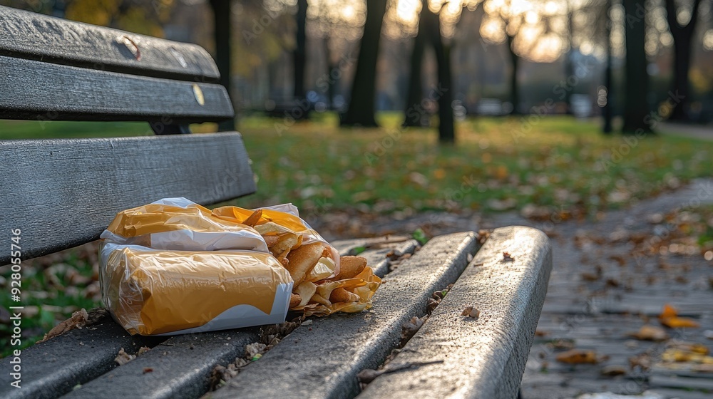 Discarded fast food packaging on a park bench, highlighting the impact ...