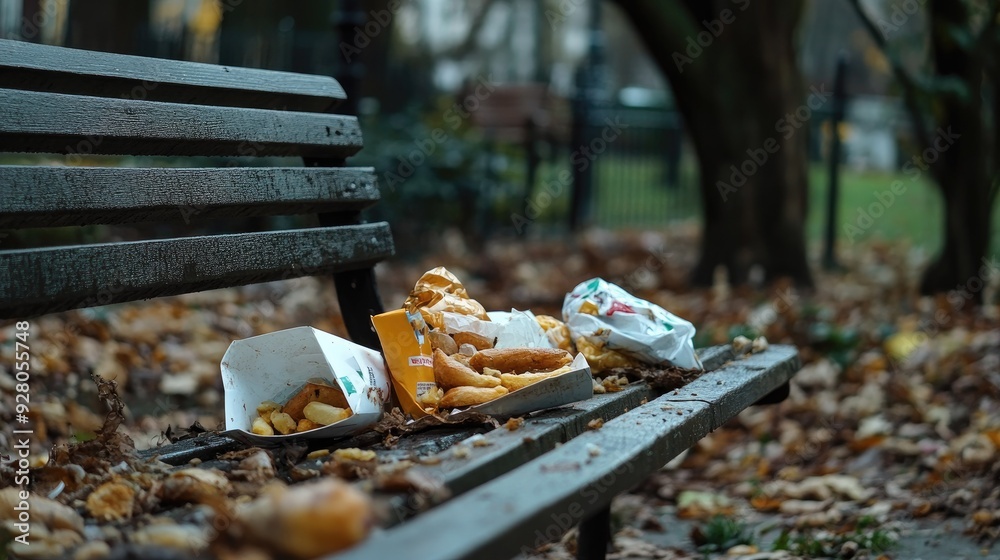 Discarded fast food packaging on a park bench, highlighting the impact ...