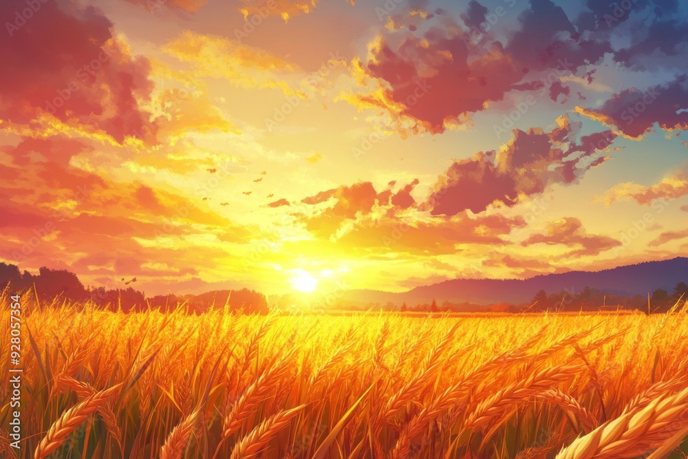 Sunset Magic in the Anime-Style Wheat Field: A Golden Agricultural ...
