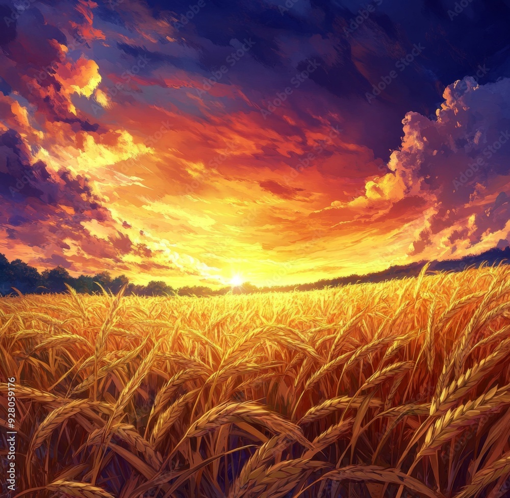 Sunset Magic in the Anime-Style Wheat Field: A Golden Agricultural ...