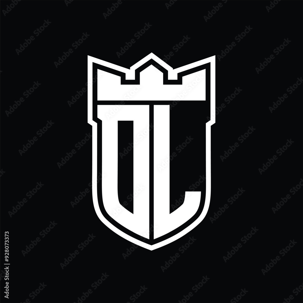 DL Logo shield shape with geometric crown inside white outline on black background template ...