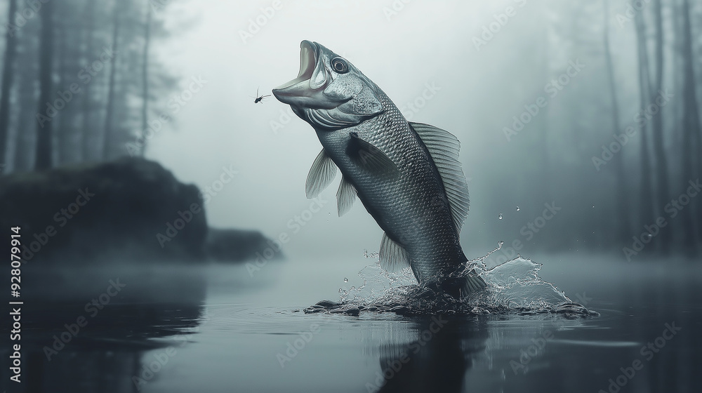 Largemouth bass jumping out of misty lake catching fly fishing lure ...