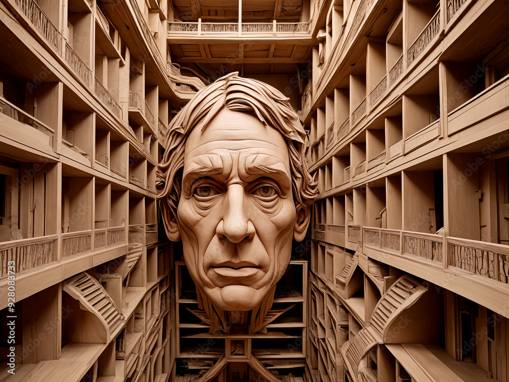 colossal man, carved in detail, with a cutaway revealing the inside ...