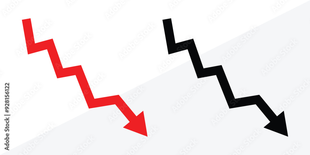 Business share market downfall red arrow. Businessman stick figure character downfall by dollar ...