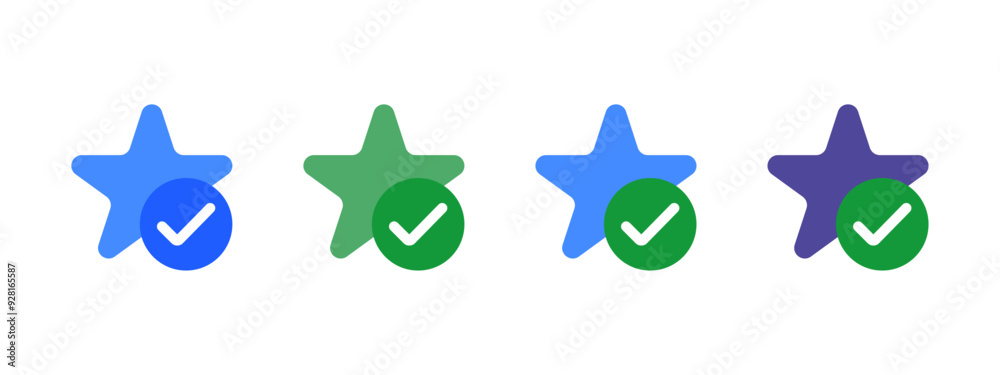 Star icons with green check marks. Rating, approval, favorite, verified ...