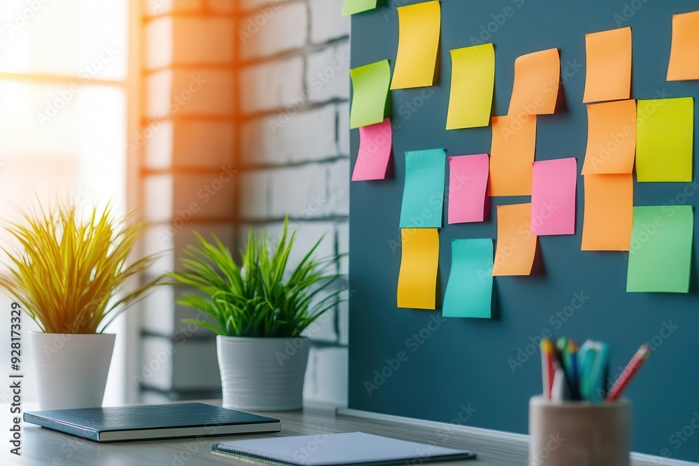 Collaborative office environment with a sticky note Kanban board ...