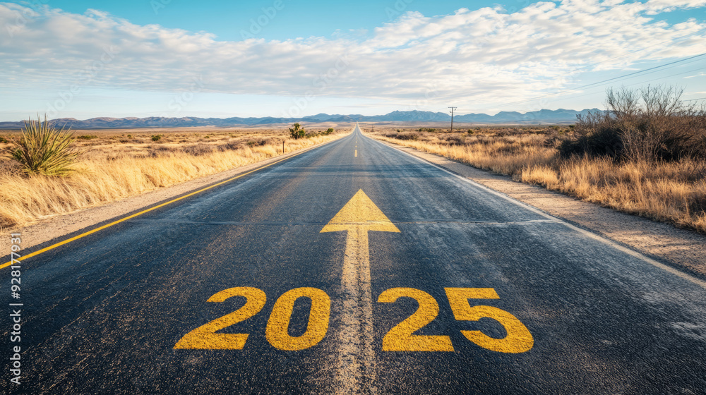 Road to 2025 with an empty road with written 2025 and arrow pointing ...