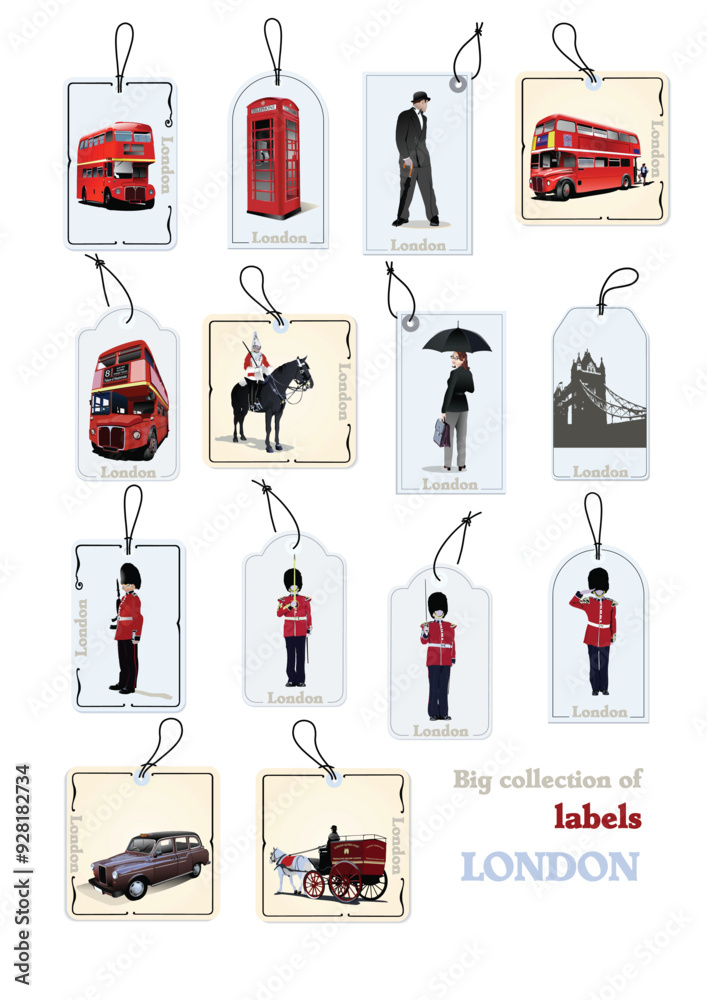 Set of labels with london symbols, including a red bus, a telephone ...
