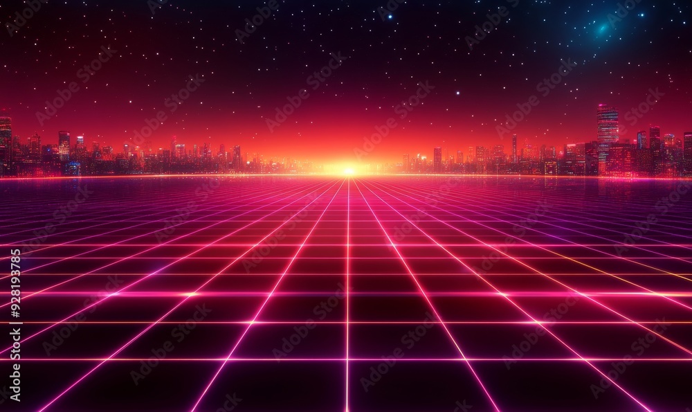 Stock-Foto „80s Retro Sci-Fi Background Futuristic Grid landscape. Digital cyber surface style ...