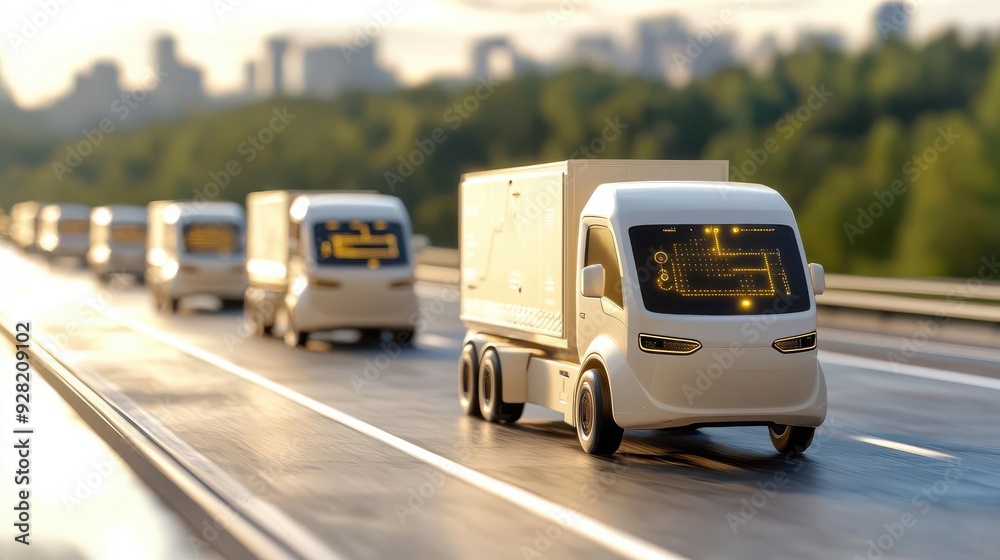 Autonomous vehicle convoy on a highway with digital route overlays and ...
