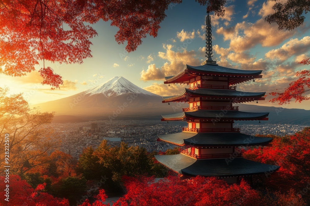 Colorful autumn fall foliage at the Chureito Pagoda with mount Fuji as ...