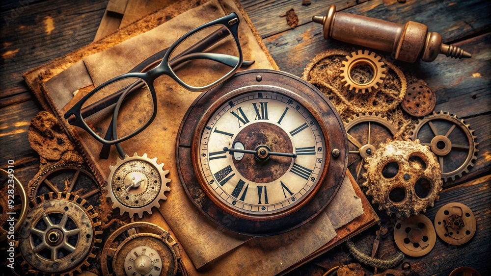Vintage clock with worn wooden face and rusty gears, surrounded by old ...