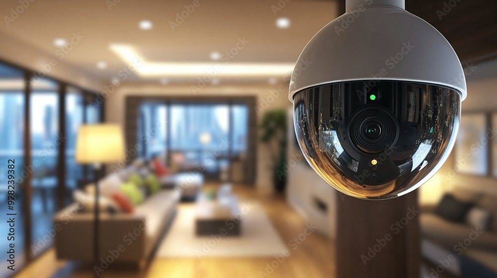 Security camera with a fisheye lens pointing down in a modern living ...