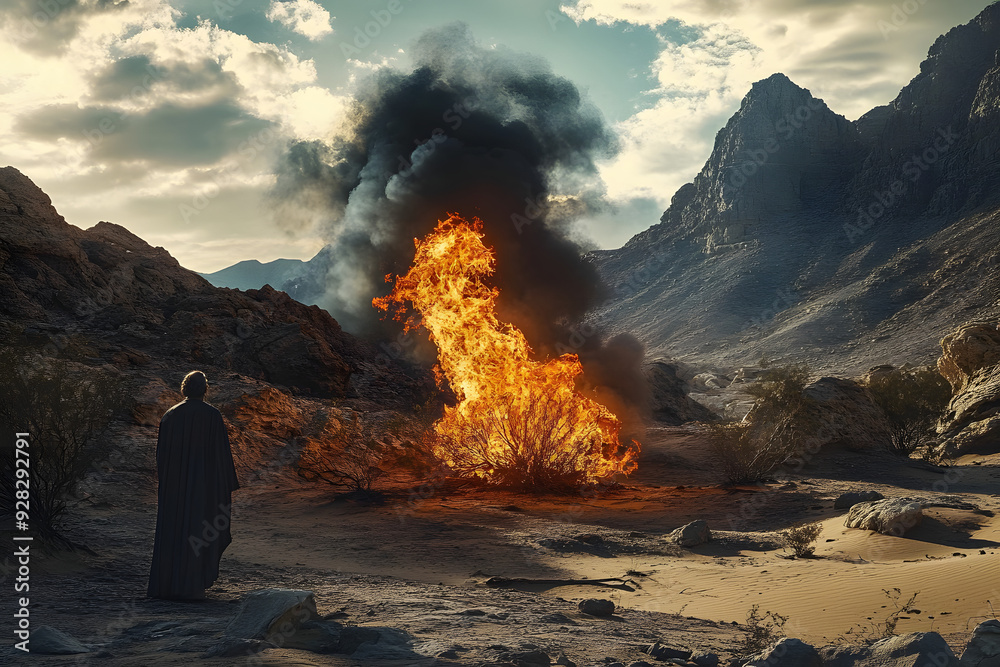 Moses stands in awe as the burning bush ignites against the rugged ...