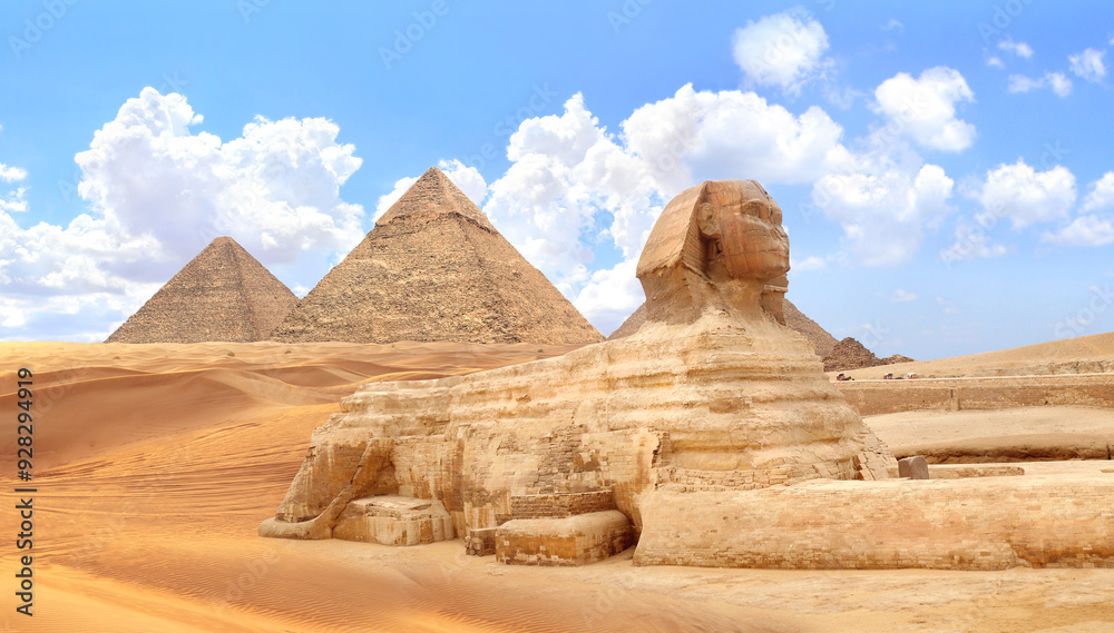 Famous Great Sphinx and pyramids of Chephren and Cheops, Cairo, Egypt ...