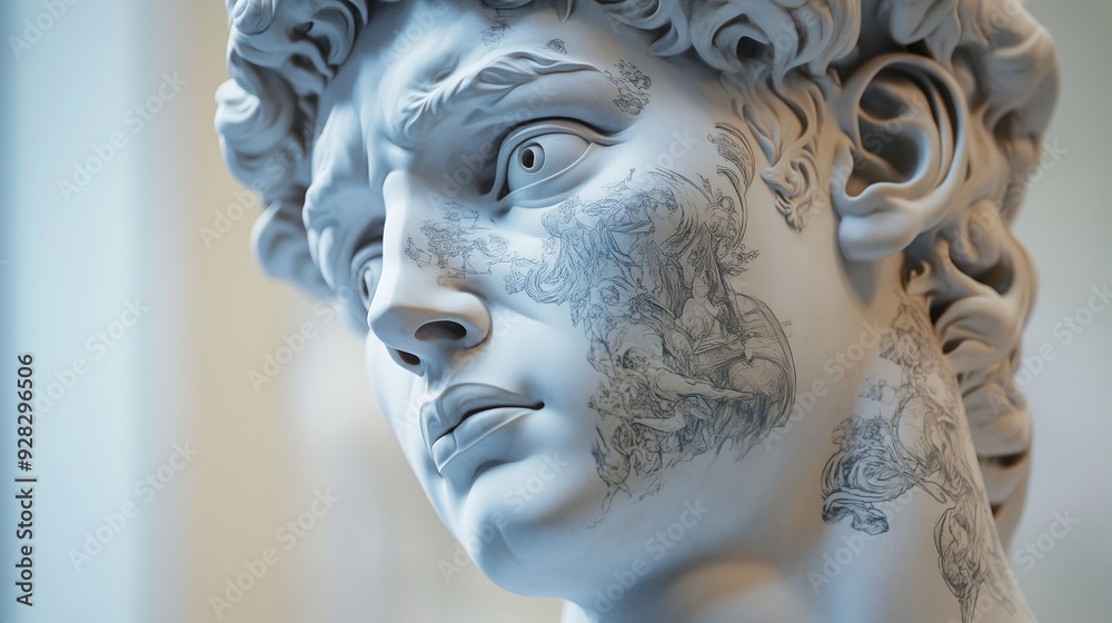 Detailed view of a classical marble statue in a museum, showcasing ...