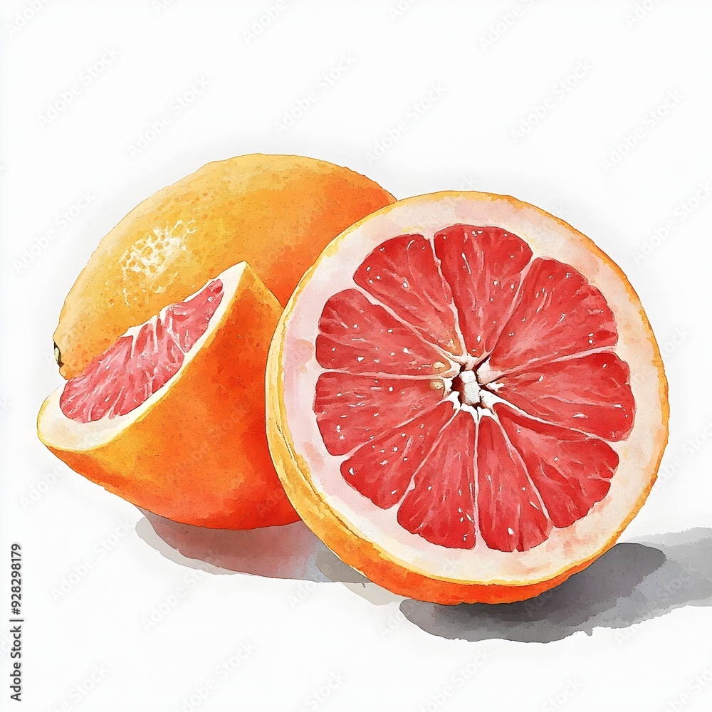 watercolor style of freshly sectioned and whole grapefruit fruits on a clean white background ...