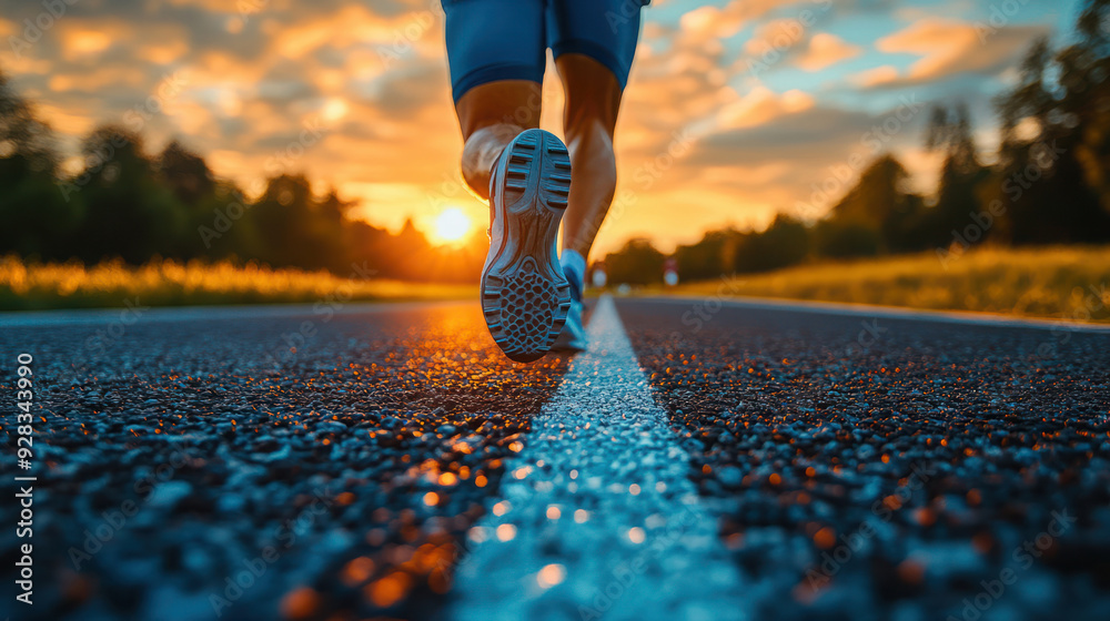 Runner's feet on an asphalt road during sunset, capturing motion and ...