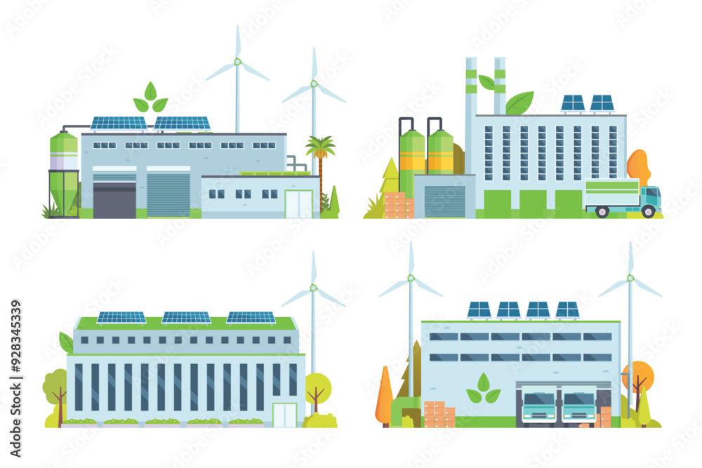 Sustainable Smart Green Factory building illustration, vector elements ...
