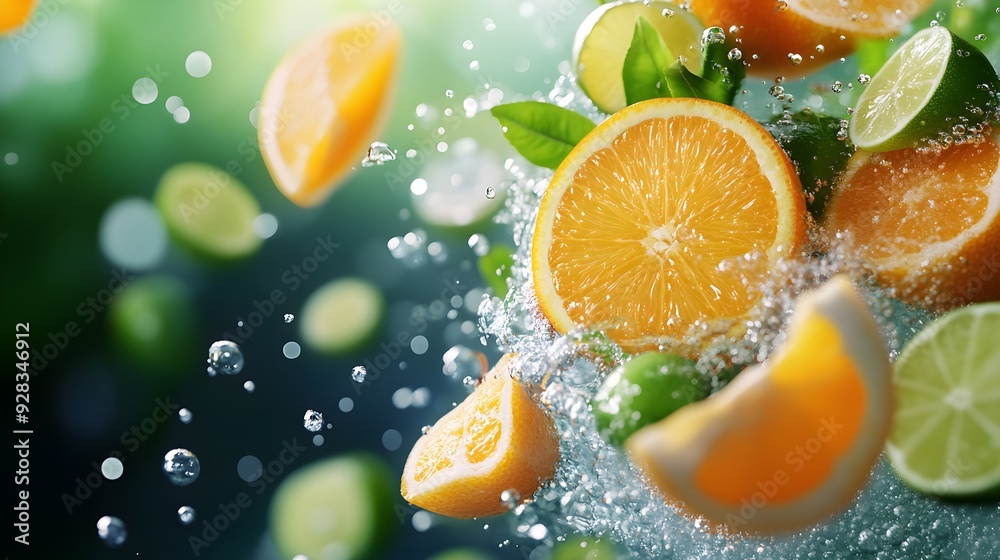 Citrus slices of orange, lemon, and lime floating in sparkling water, captured in high detail ...